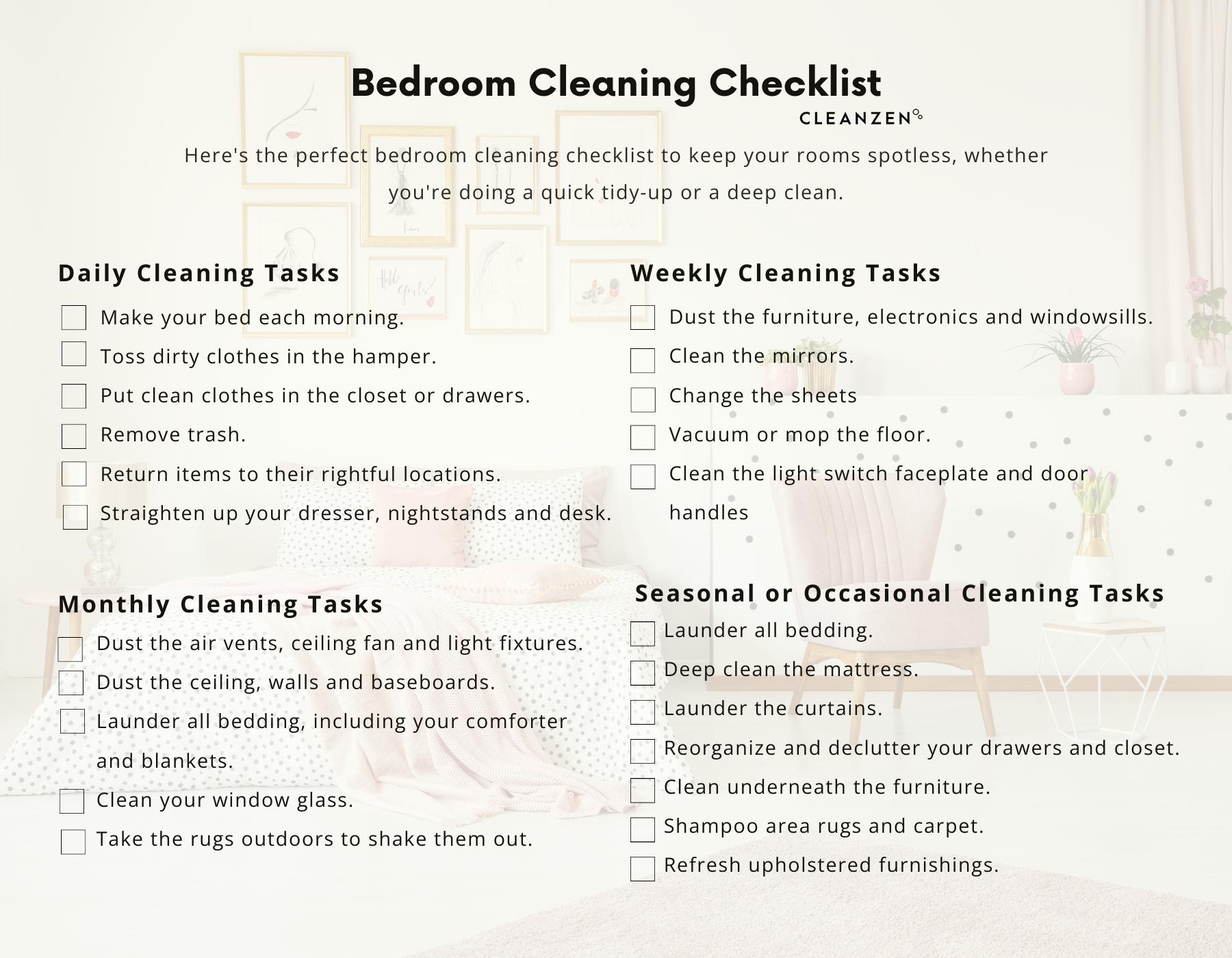 Bedroom Cleaning Checklist - Cleanzen
